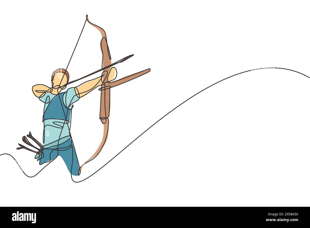 One single line drawing of young archer man focus exercising archery to ...