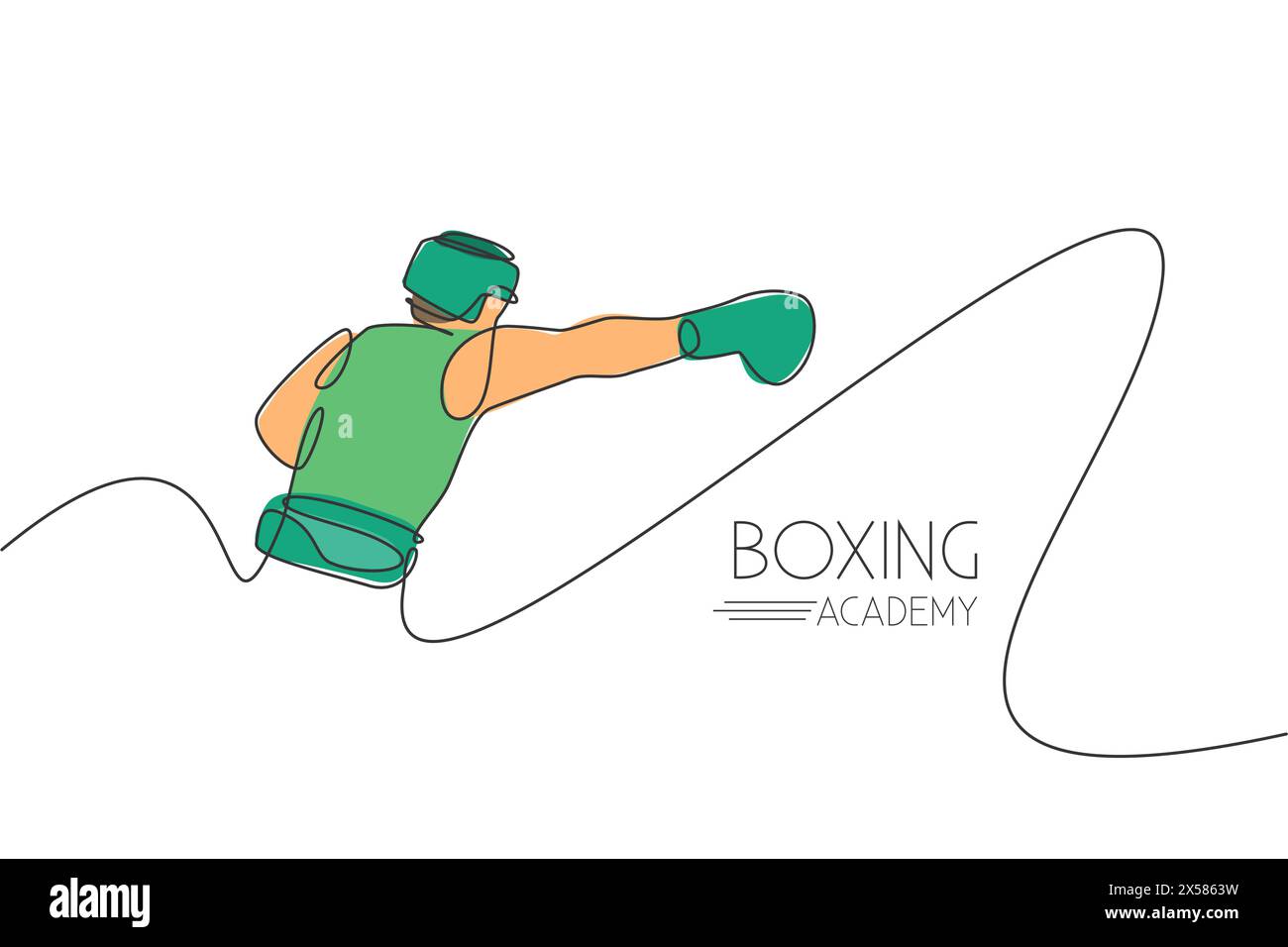 One single line drawing of young energetic man boxer practicing punch ...