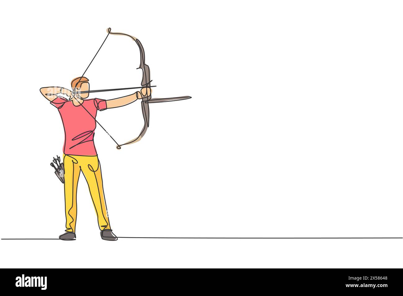 One single line drawing of young archer man focus exercising archery to ...