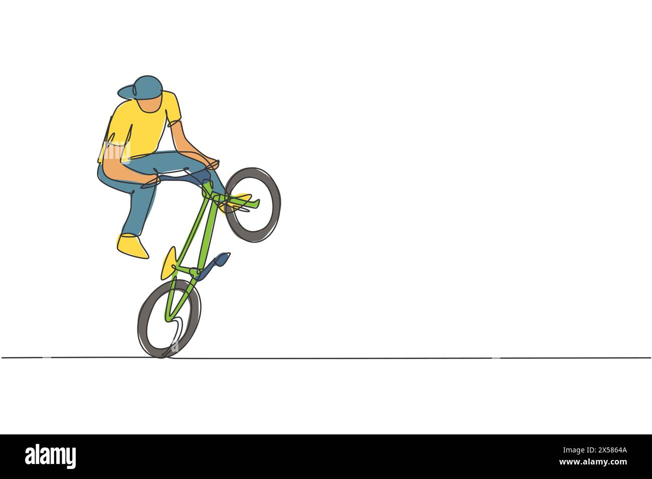One continuous line drawing of young BMX bicycle rider performing ...