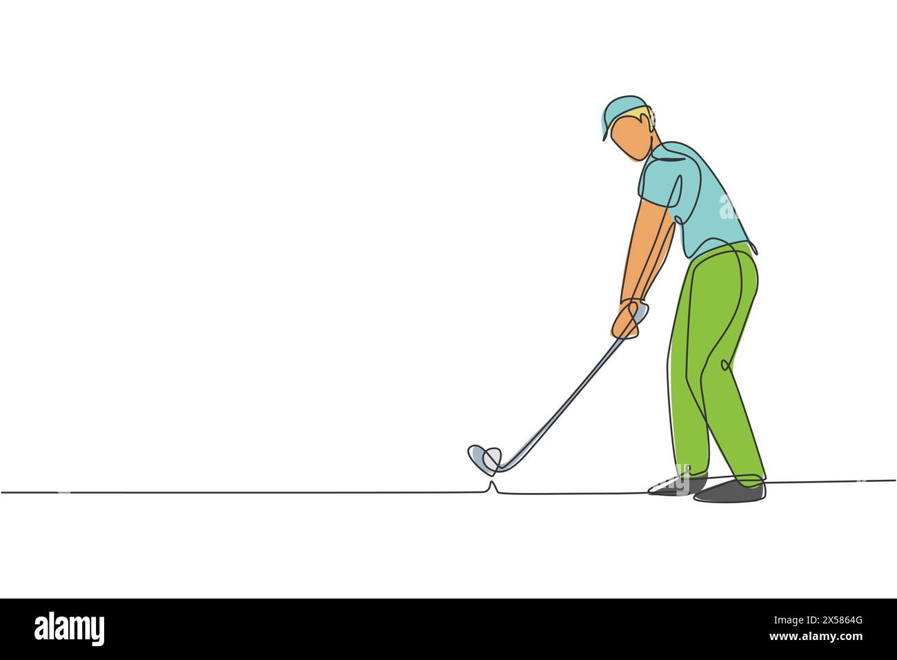 Single continuous line drawing of young happy golf player swing the ...