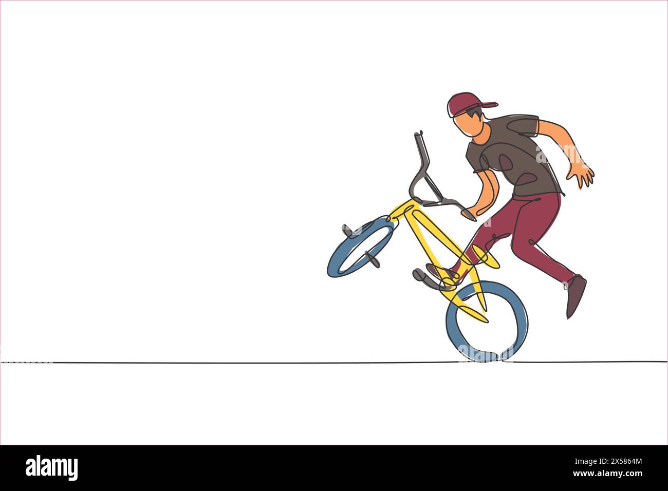 One single line drawing of young bmx bicycle rider performing freestyle ...