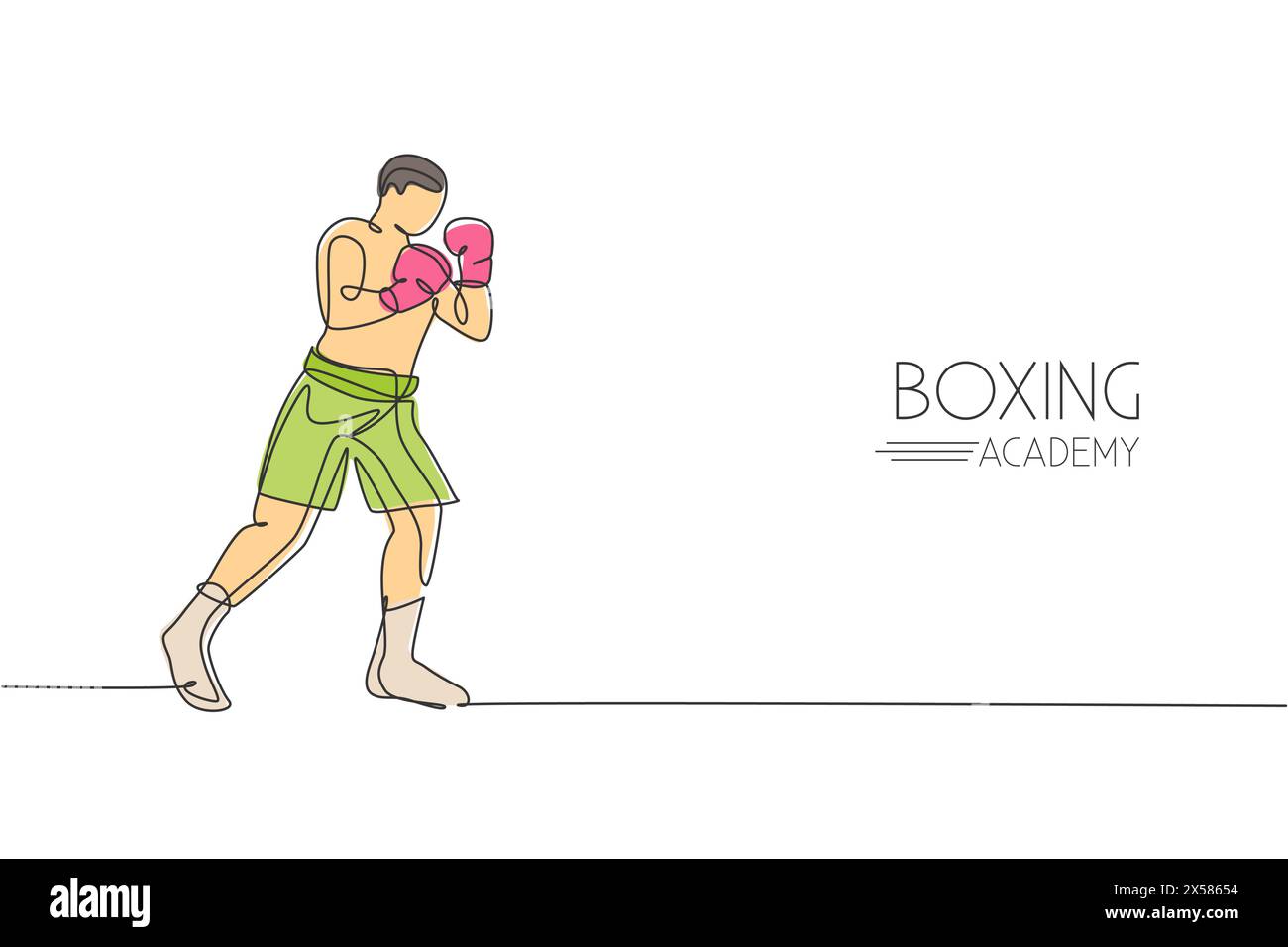 One single line drawing of young energetic man boxer ready to attack ...