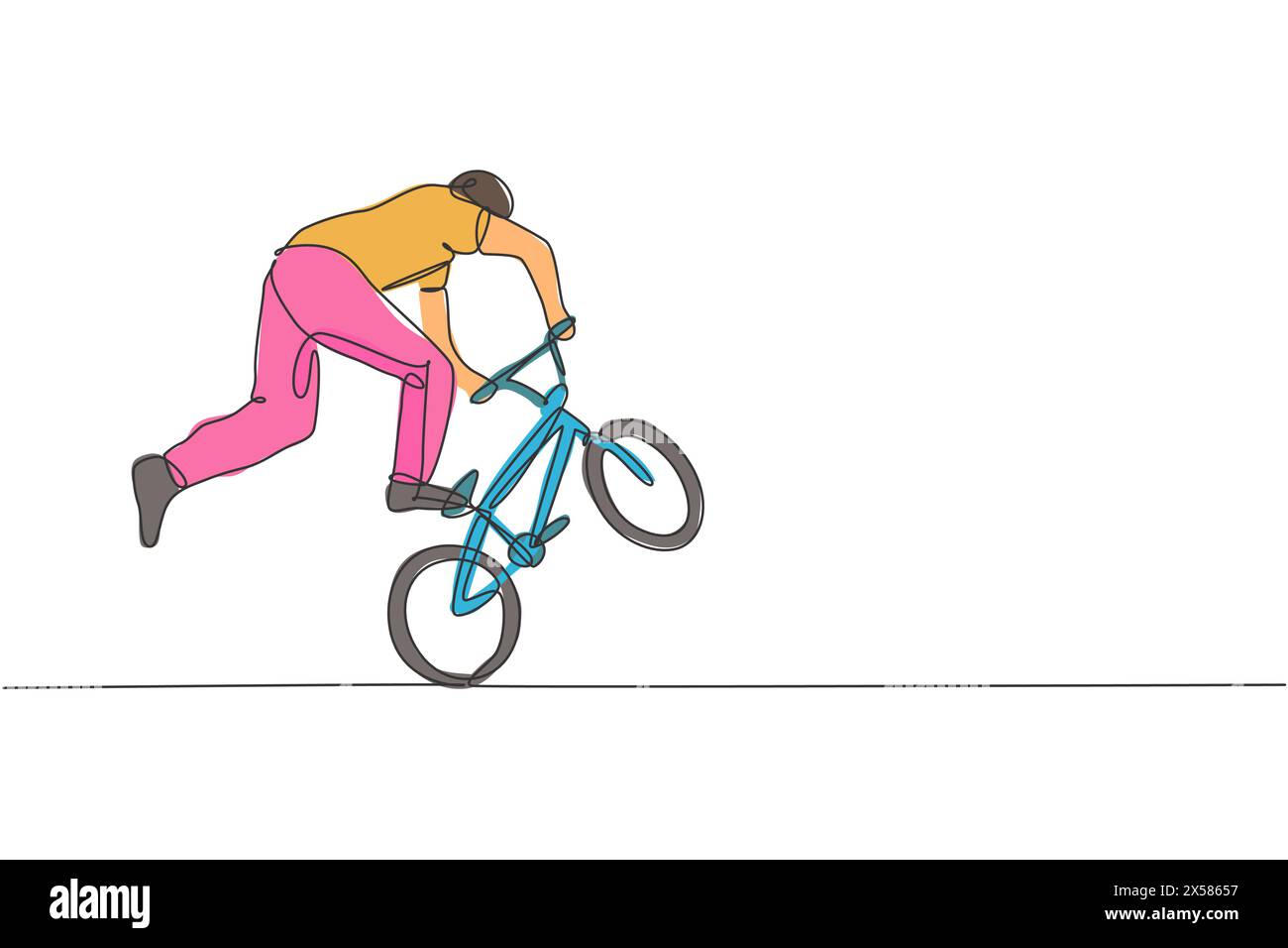 Single continuous line drawing of young BMX cycle rider show extreme ...