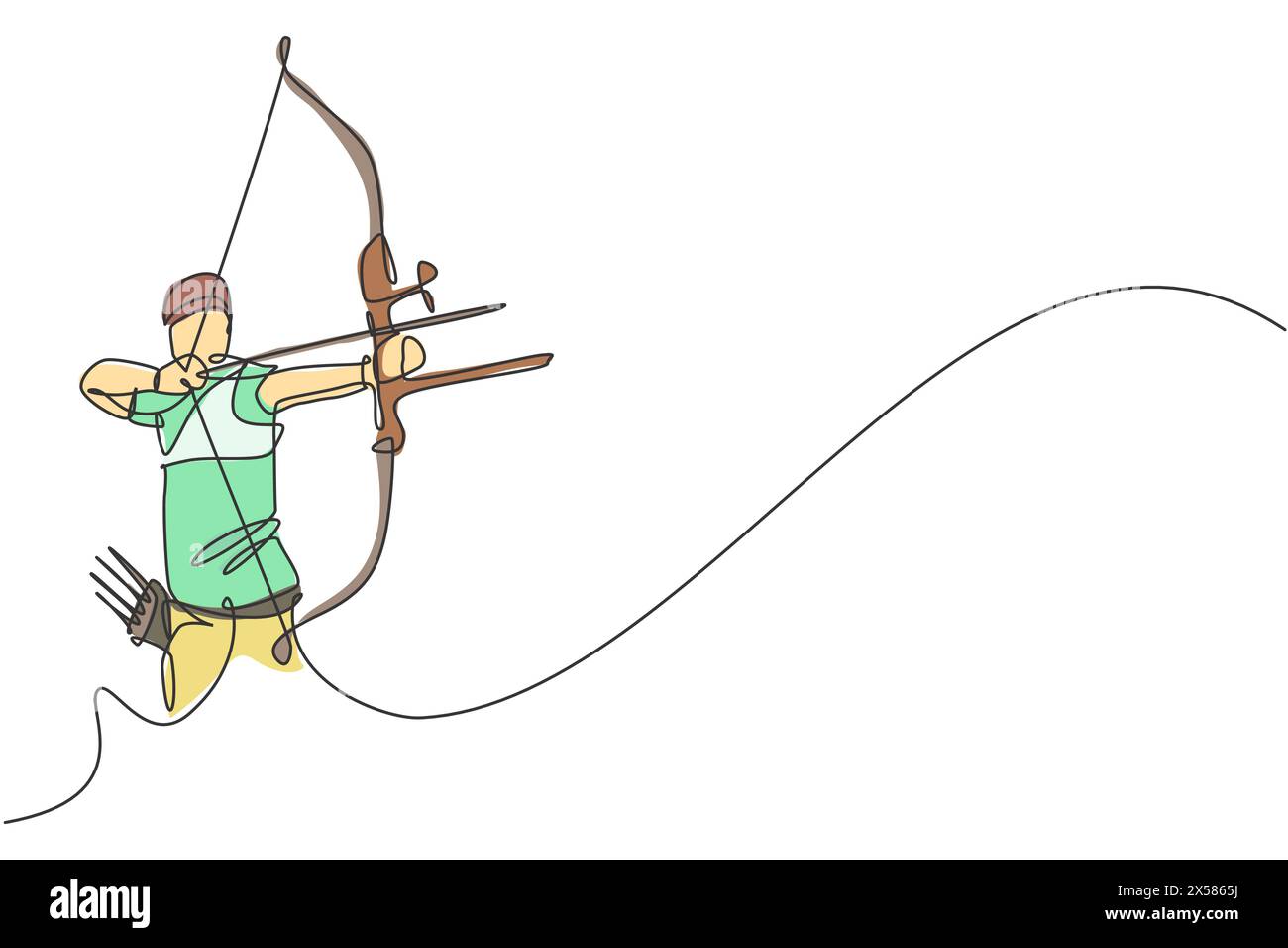 One single line drawing of young archer man focus exercising archery to ...