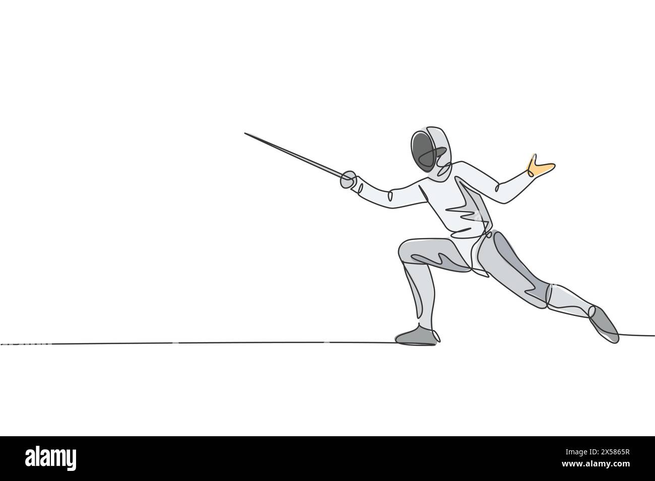 One single line drawing of a young male fencer athlete in fencing ...