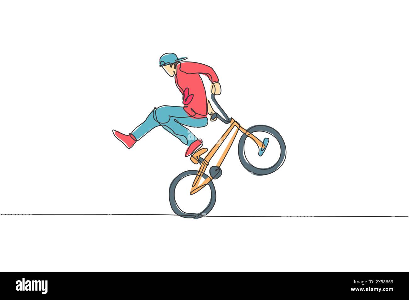 Single continuous line drawing of young BMX cycle rider show extreme ...