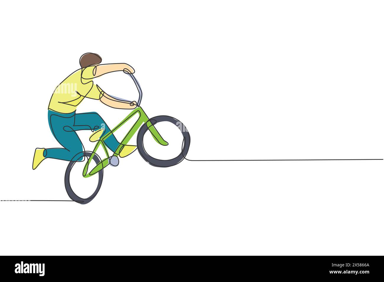 One single line drawing of young bmx bicycle rider performing freestyle ...