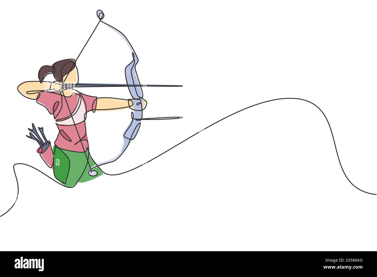 Single continuous line drawing of young professional archer woman focus ...