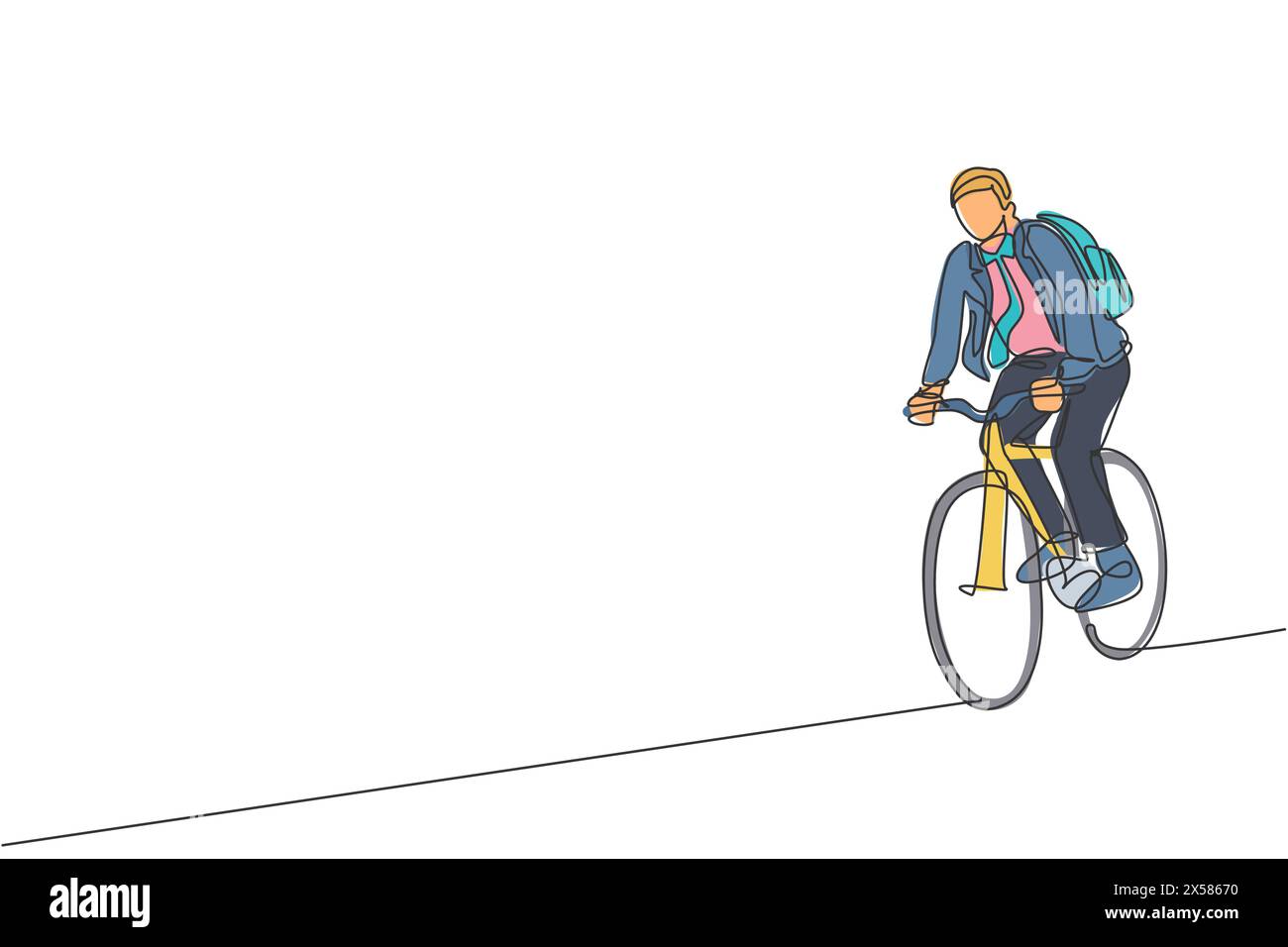 Single continuous line drawing young professional businessman riding bicycle to his company ...