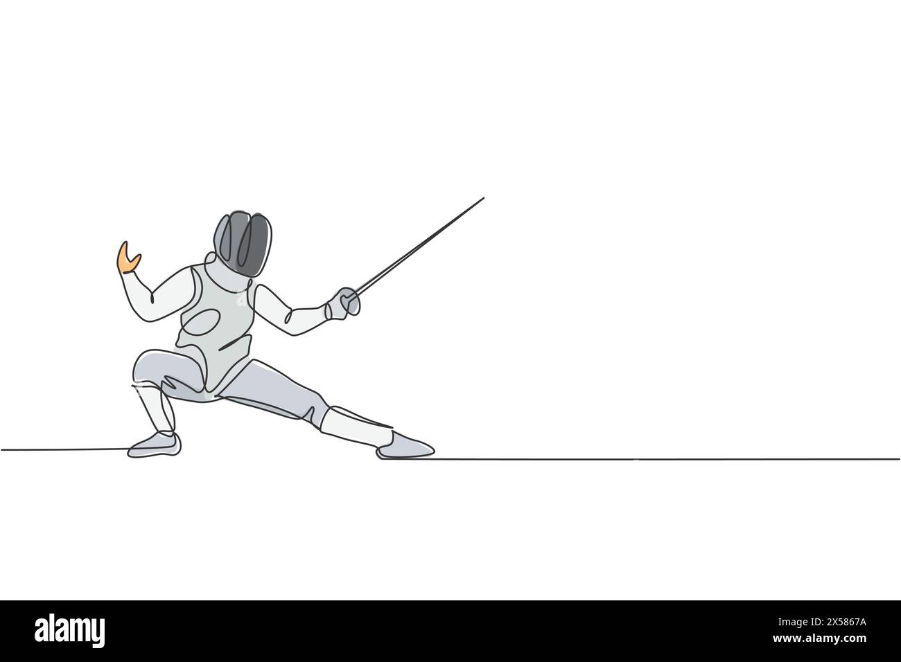 One continuous line drawing young man fencing athlete practice fighting ...