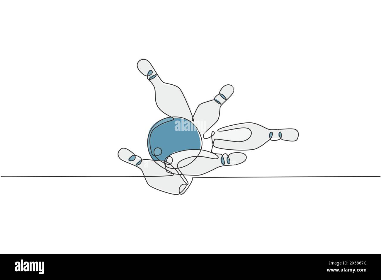 One single line drawing of bowling ball hit bowling pins to falling ...