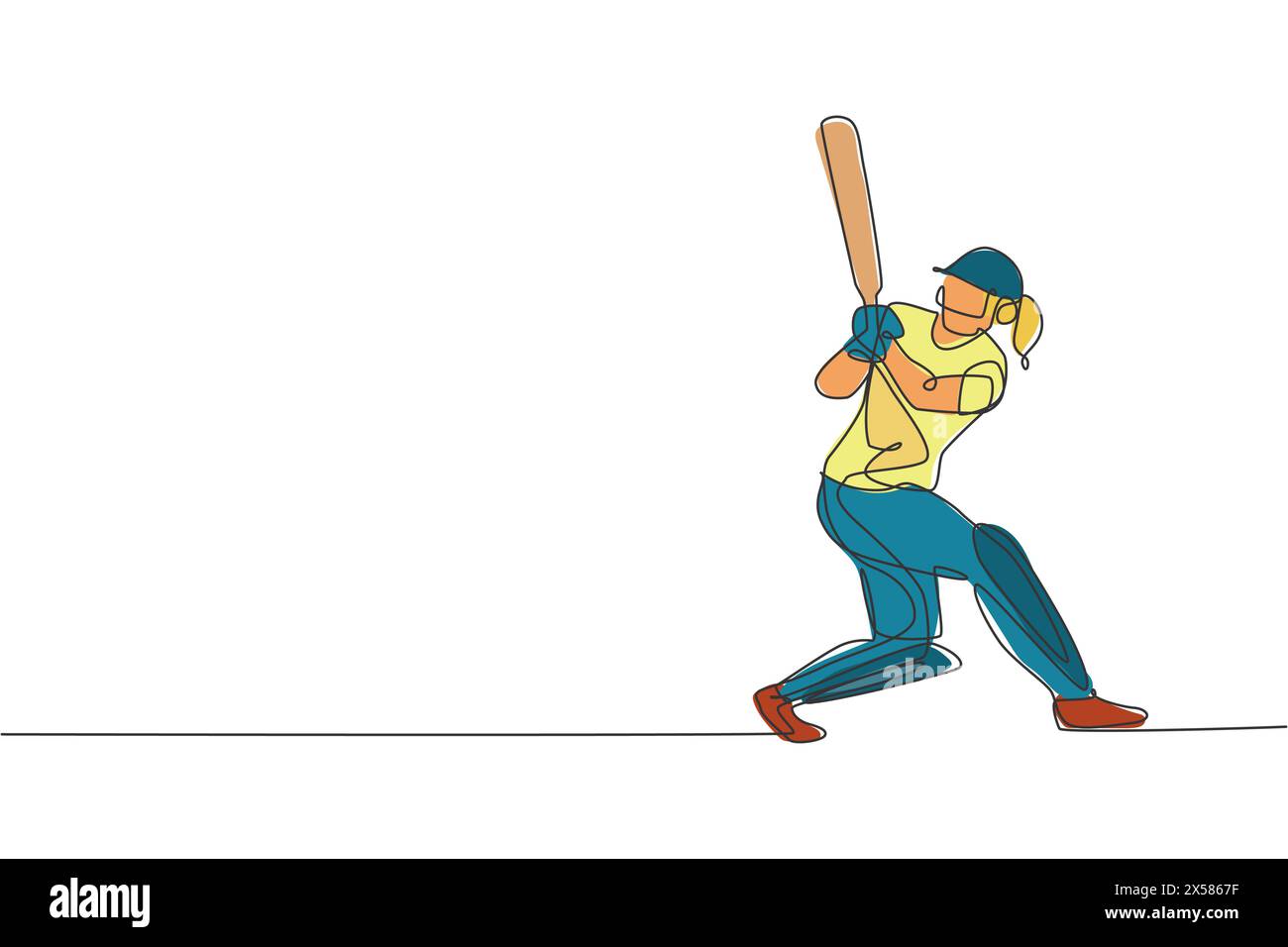 One continuous line drawing of young woman cricket player focus ...