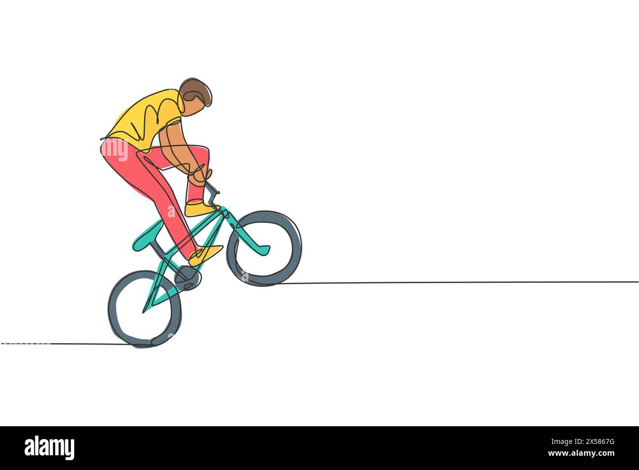 One single line drawing of young bmx bicycle rider performing freestyle ...