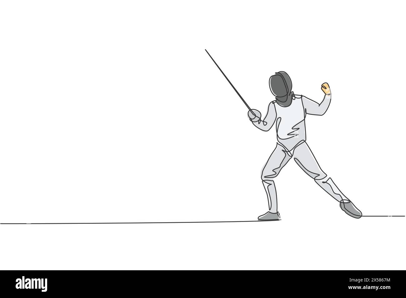 One continuous line drawing of a young man fencing athlete practicing ...