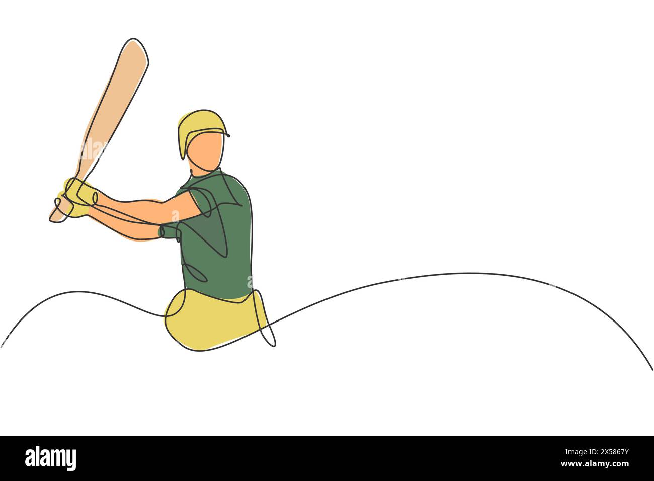 One single line drawing of young energetic man cricket player stance at ...