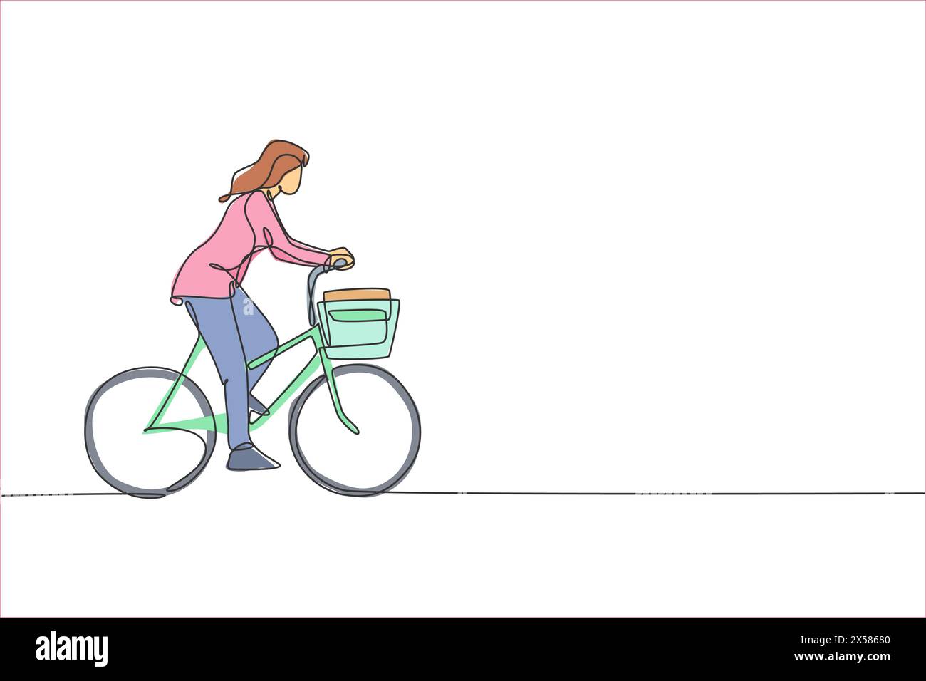 One single line drawing young happy startup employee woman ride bicycle ...