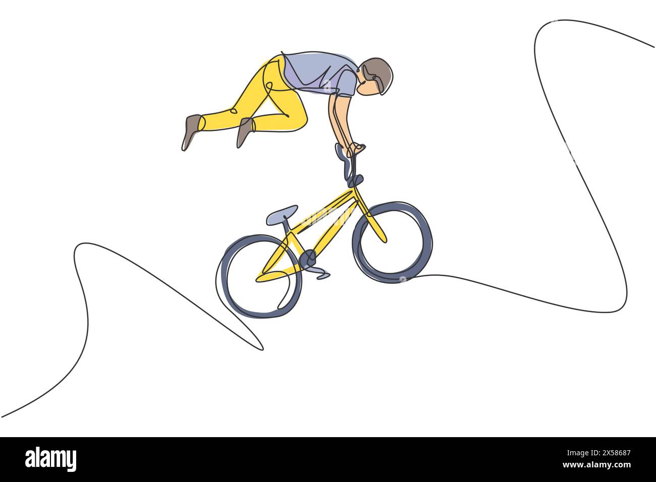 One continuous line drawing of young BMX bicycle rider does flying on ...