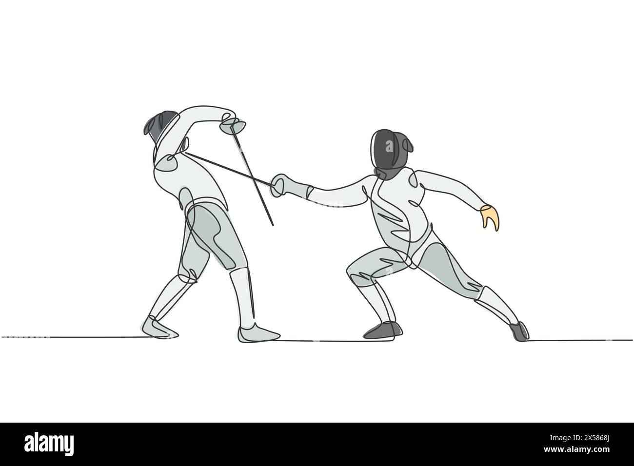 One single line drawing of two young women fencer athletes in fencing ...