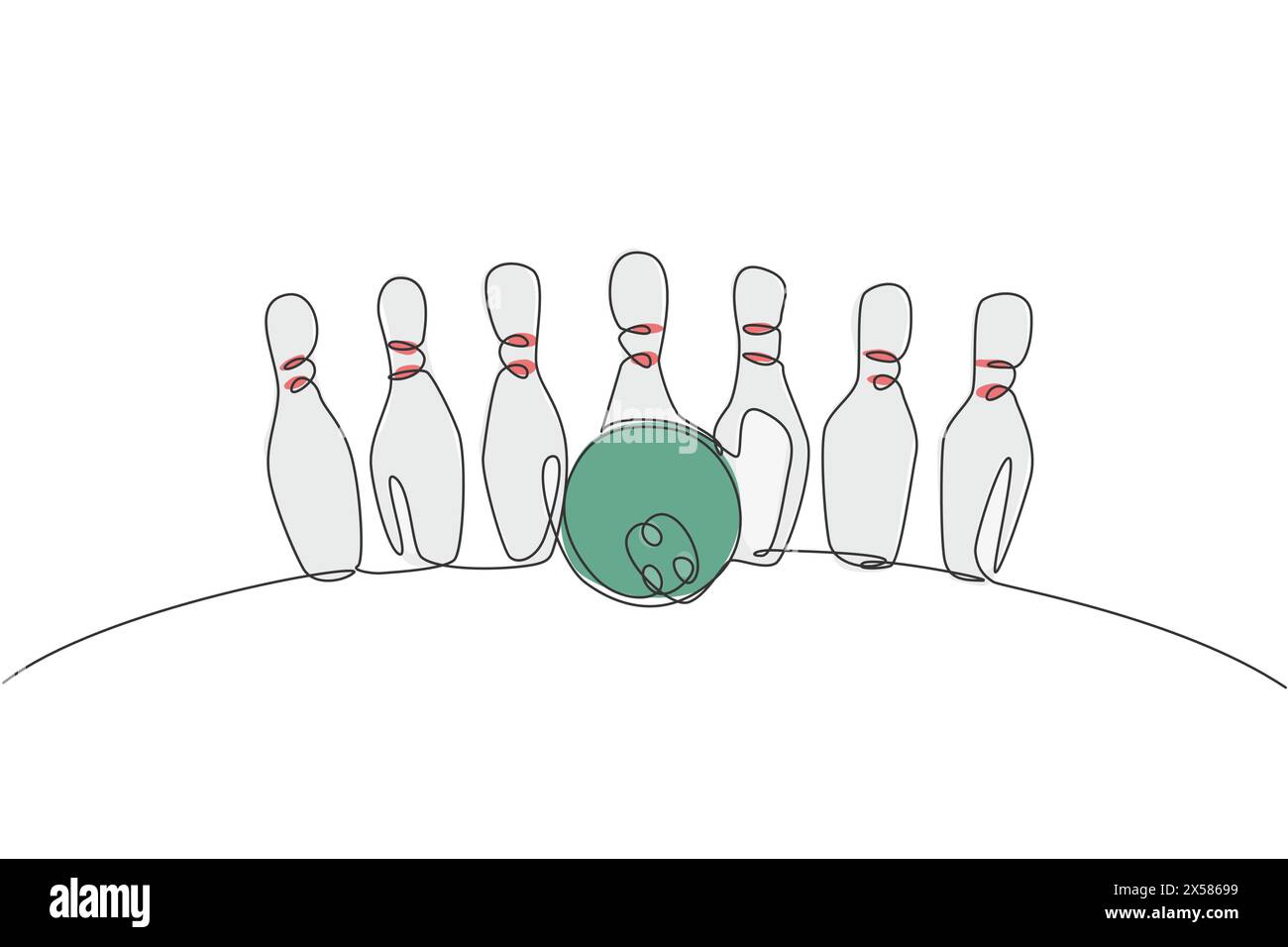 One continuous line drawing of bowling pins lined up at bowling lane ...