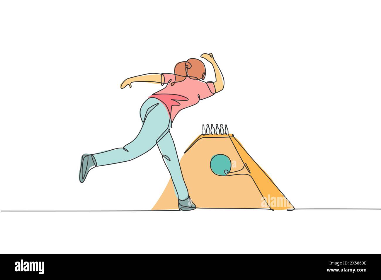 One single line drawing young talented bowling player woman throw ball ...