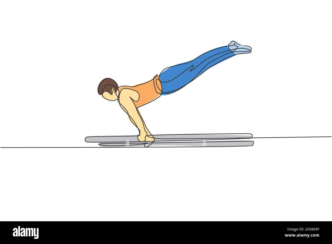 One single line drawing of young handsome gymnast man exercising ...