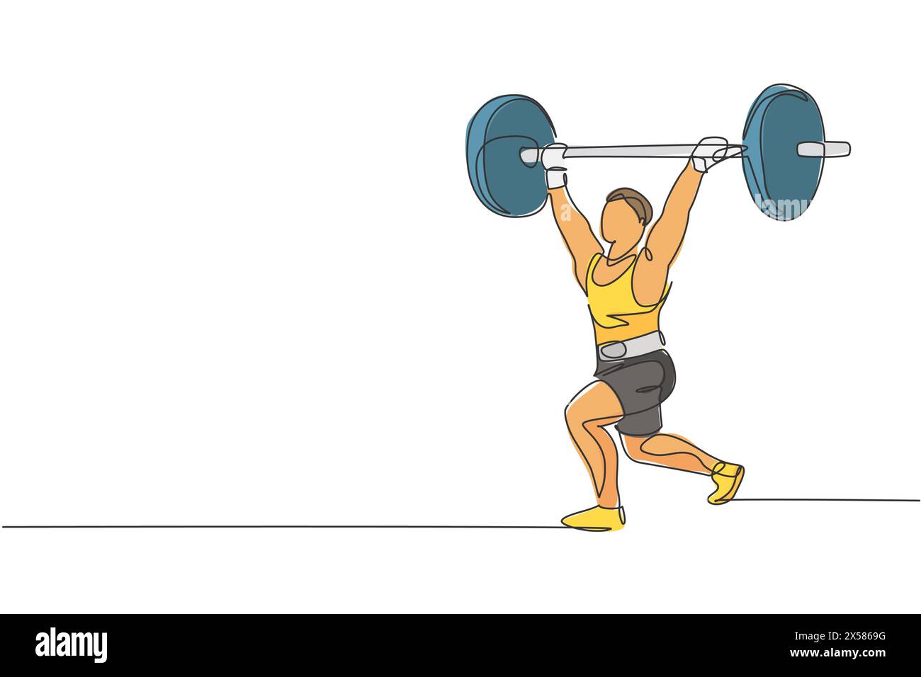 One continuous line drawing of young bodybuilder man doing exercise with a heavy weight bar in ...