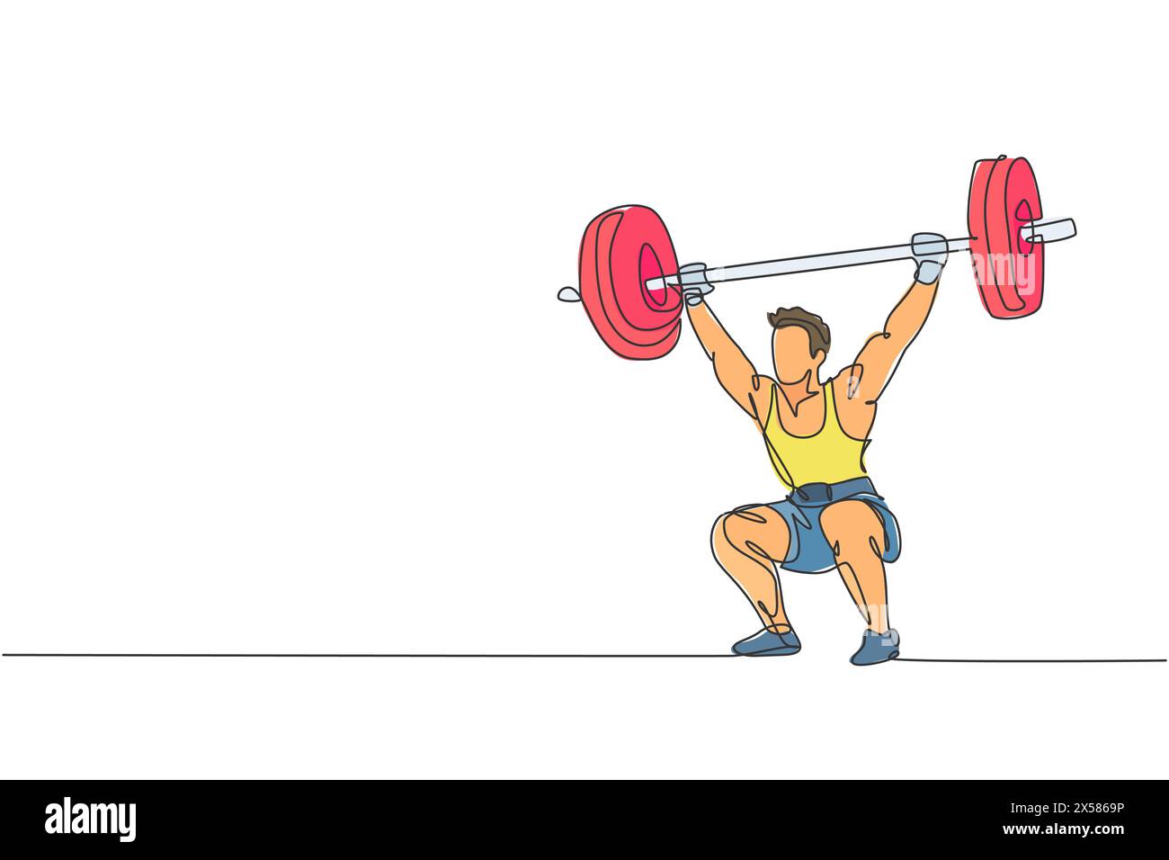 Single continuous line drawing of young strong weightlifter man preparing for barbell workout in ...