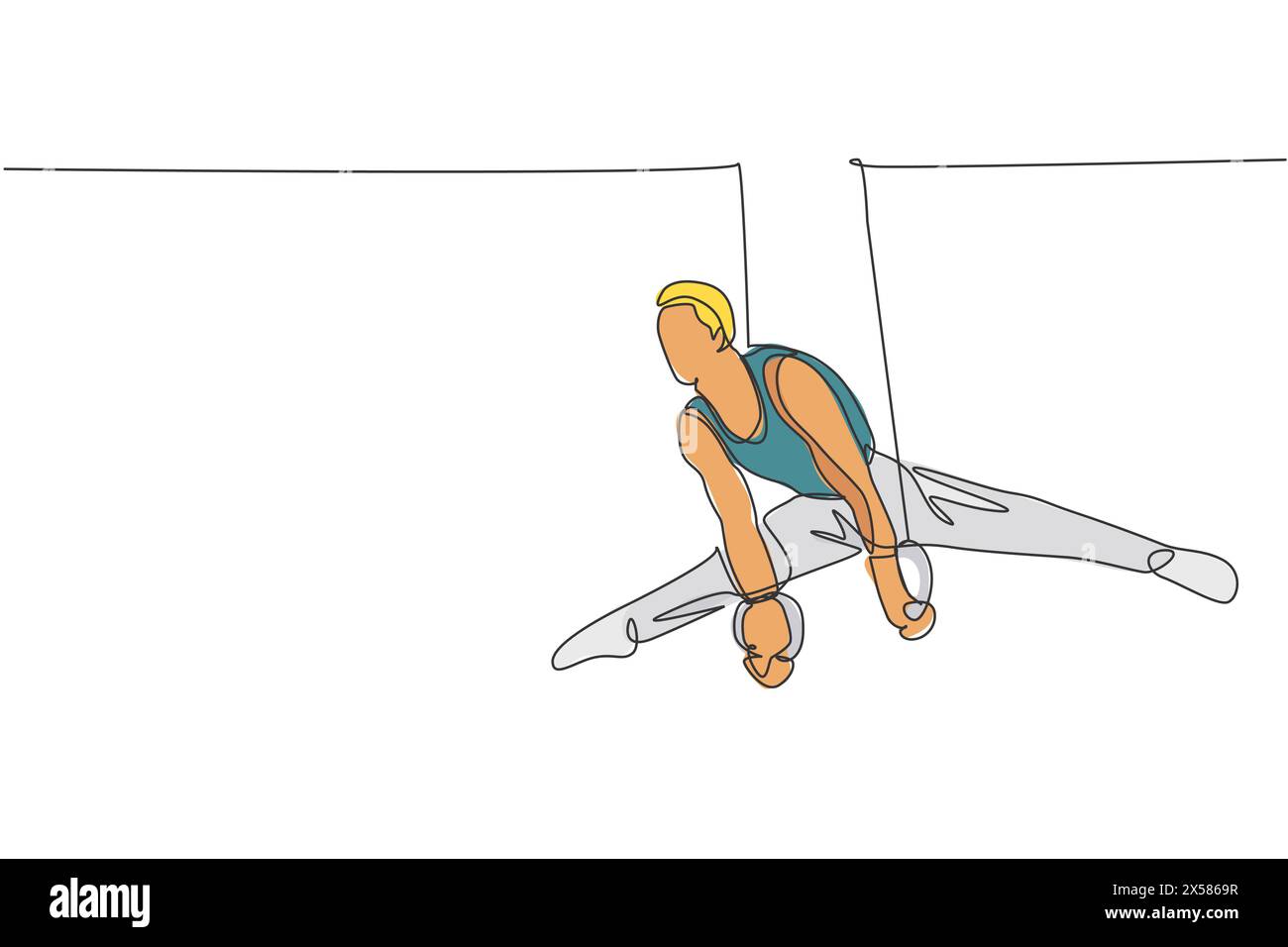 One continuous line drawing of young man exercising steady rings at ...