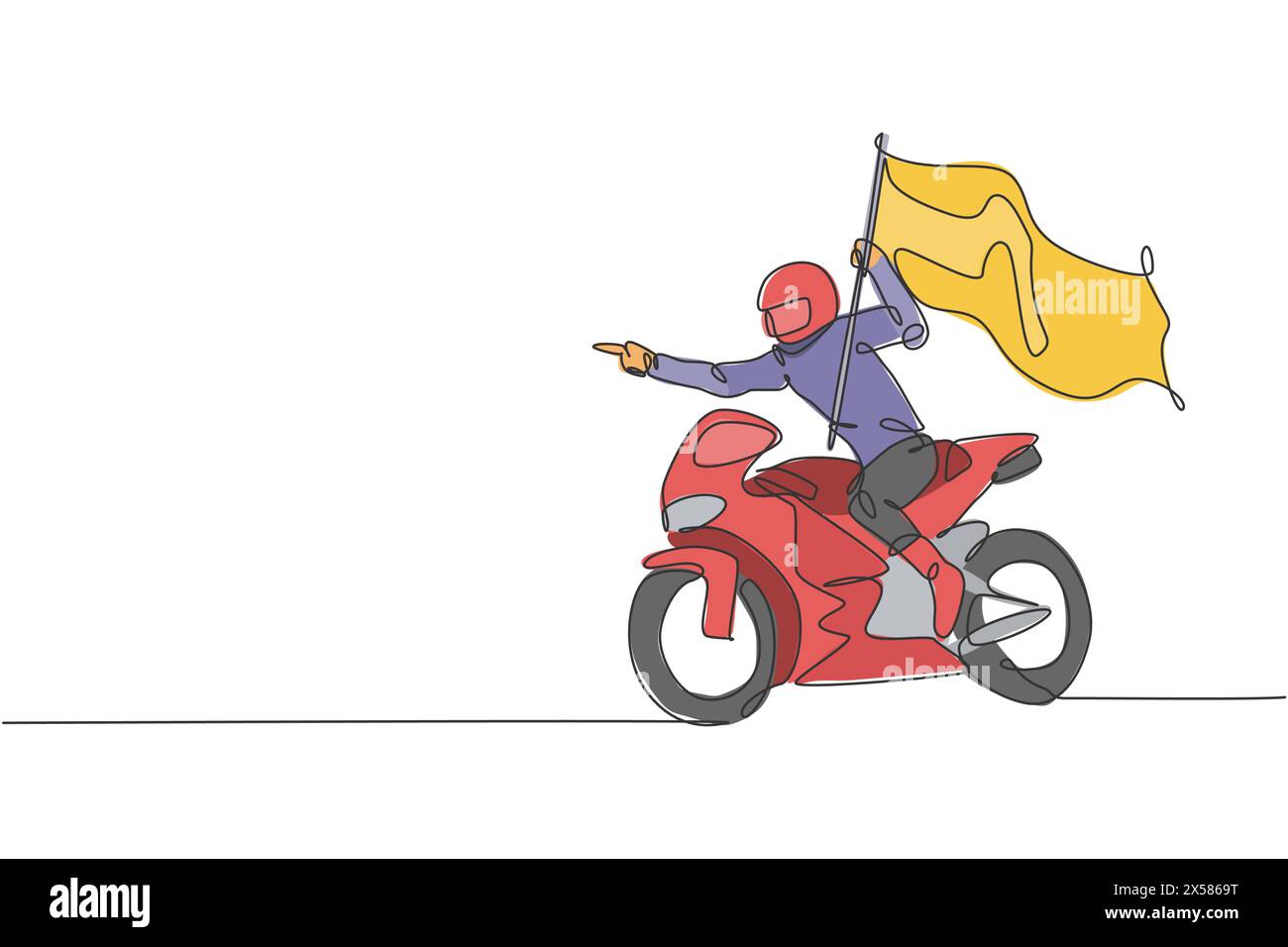 Single continuous line drawing of young superbike racer wave a flag to ...