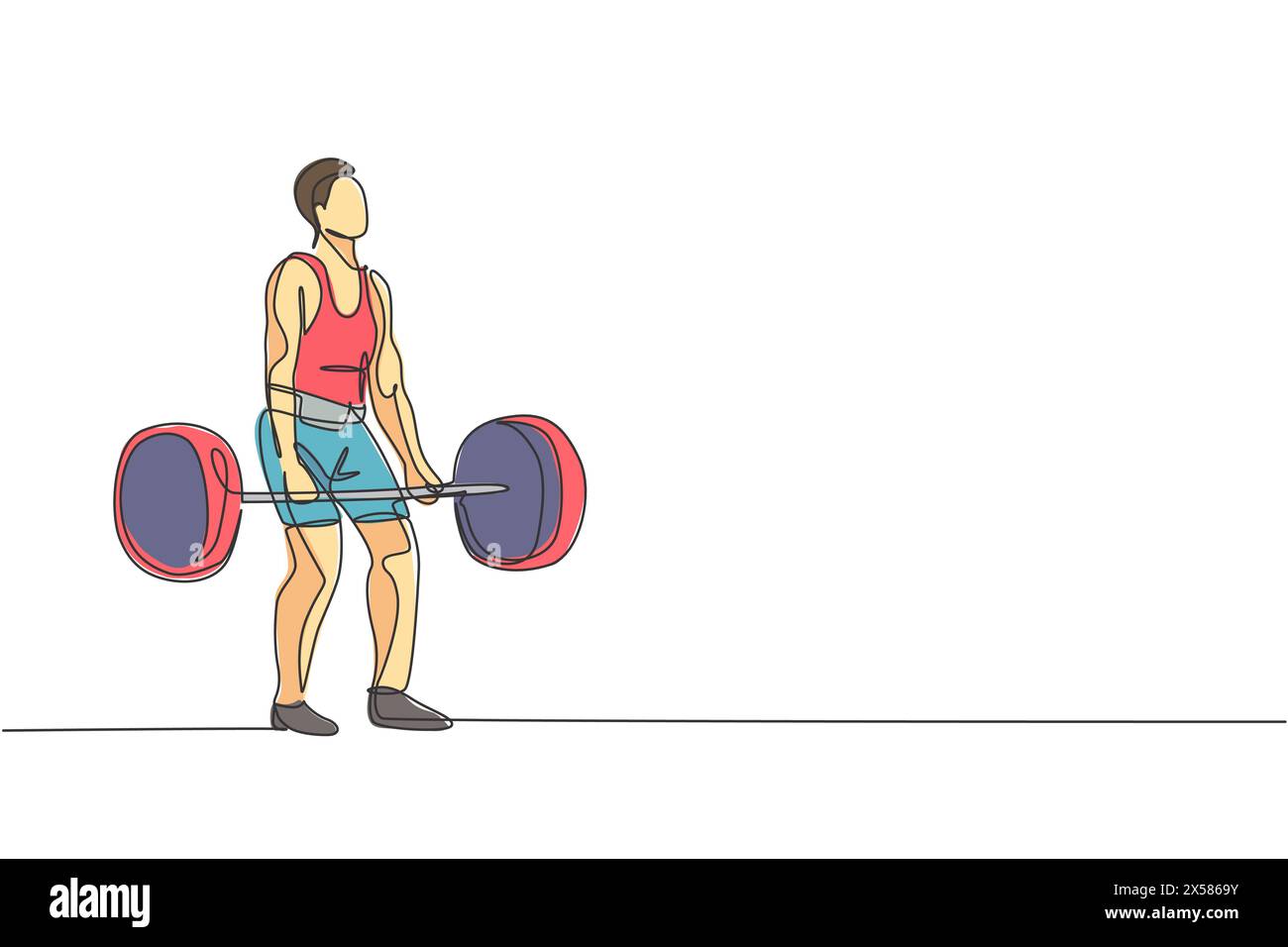 Single continuous line drawing of young strong weightlifter man ...