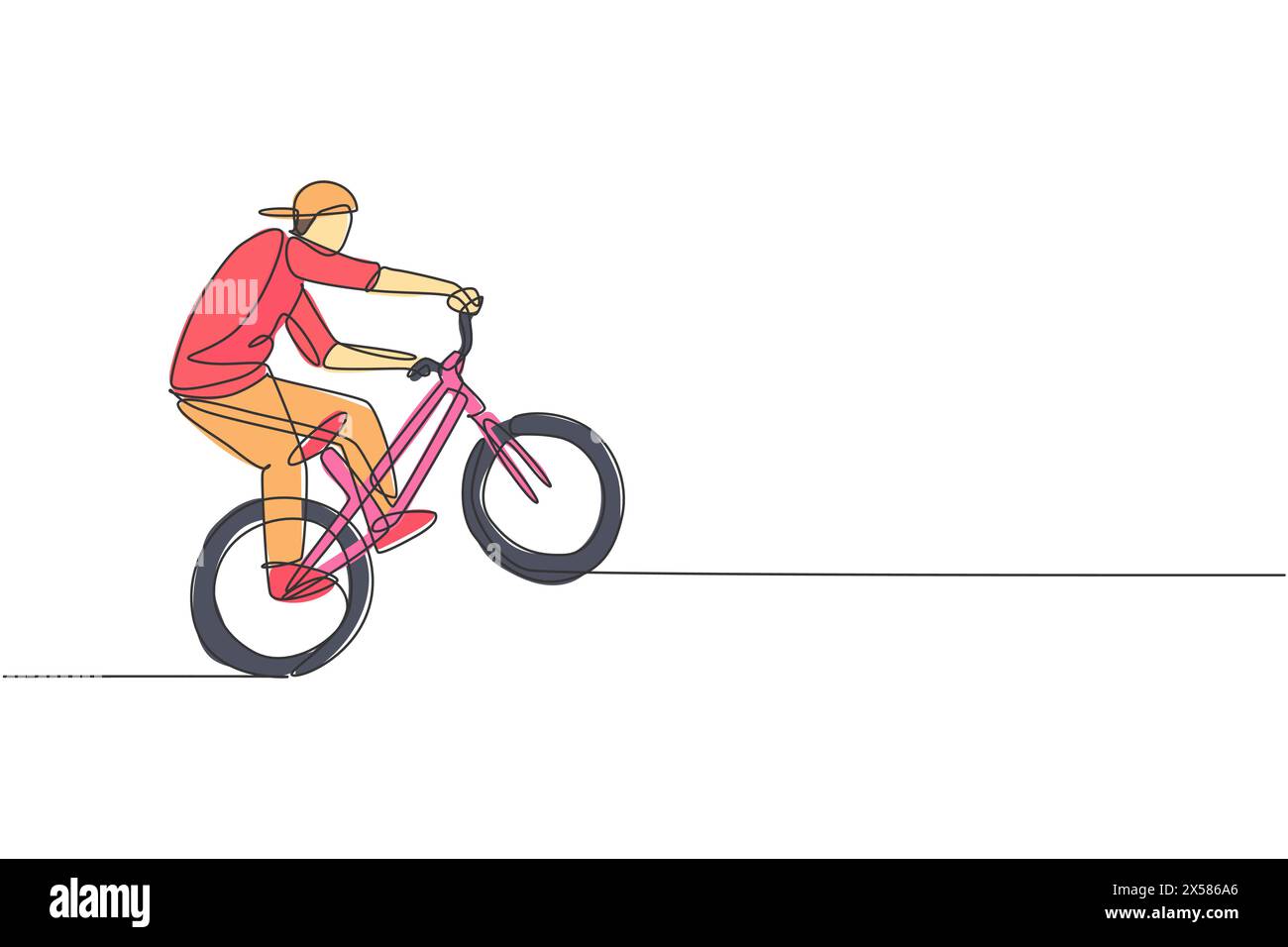 Single continuous line drawing of young BMX cycle rider show extreme ...