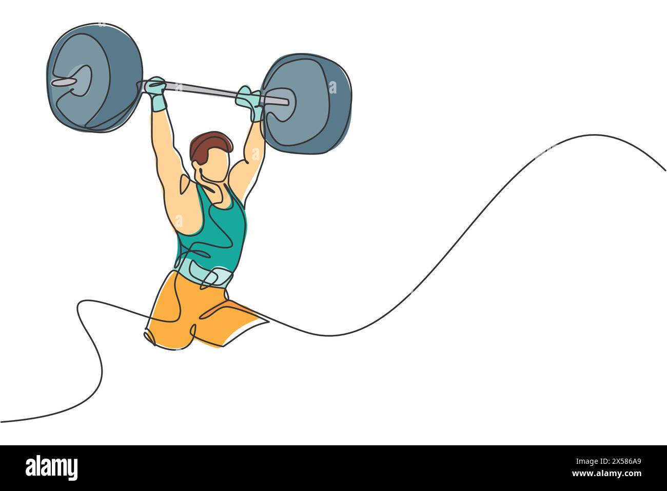 Single continuous line drawing of young strong weightlifter man ...