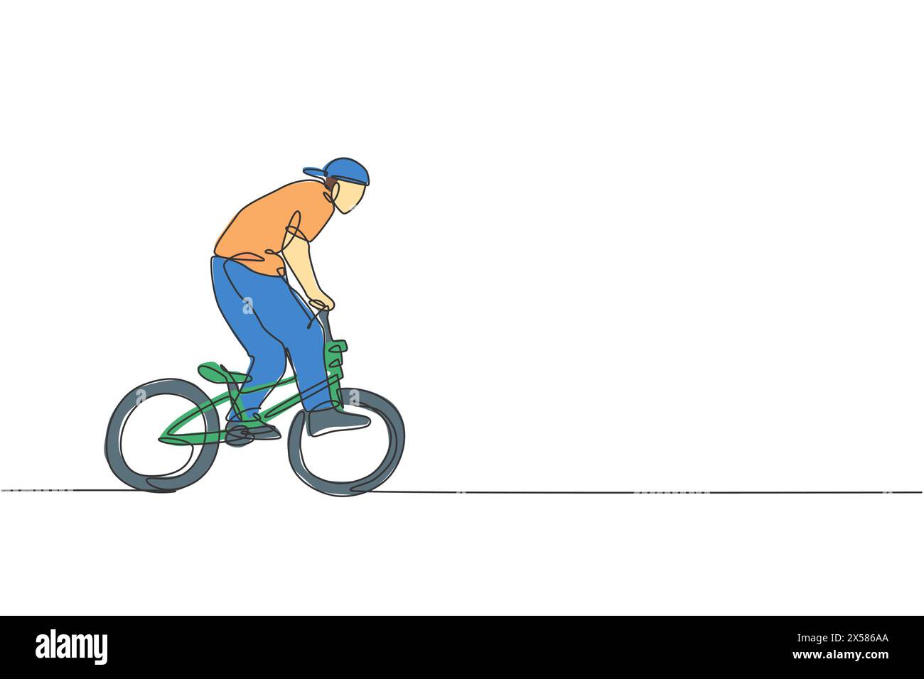 One continuous line drawing of young BMX bicycle rider performing ...