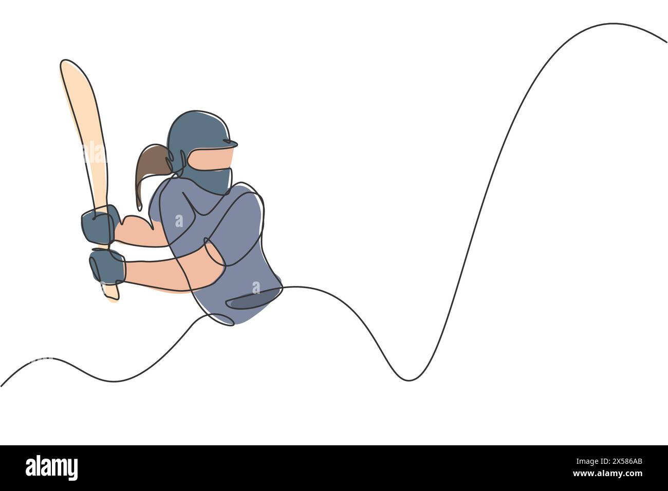 One continuous line drawing of young happy woman cricket player ...