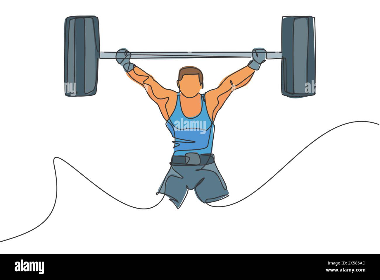 One single line drawing of fit young athlete muscular man lifting barbells working out at a gym ...