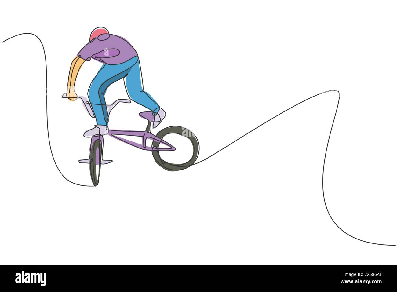 Single continuous line drawing of young BMX cycle rider show flying ...