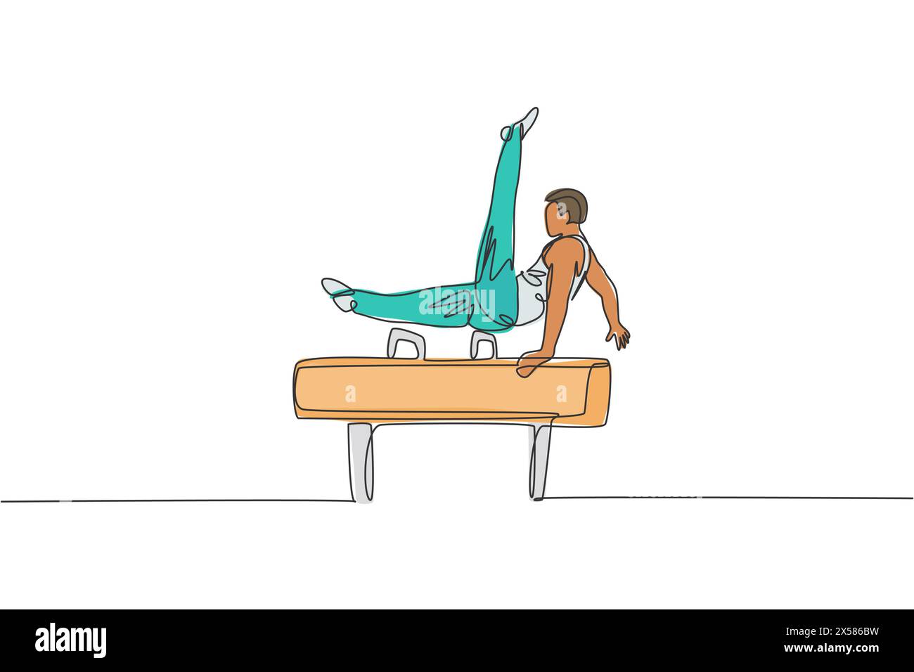 One single line drawing of young handsome gymnast man exercising pommel ...
