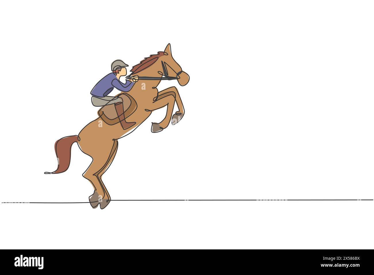Single continuous line drawing of young professional horseback rider ...