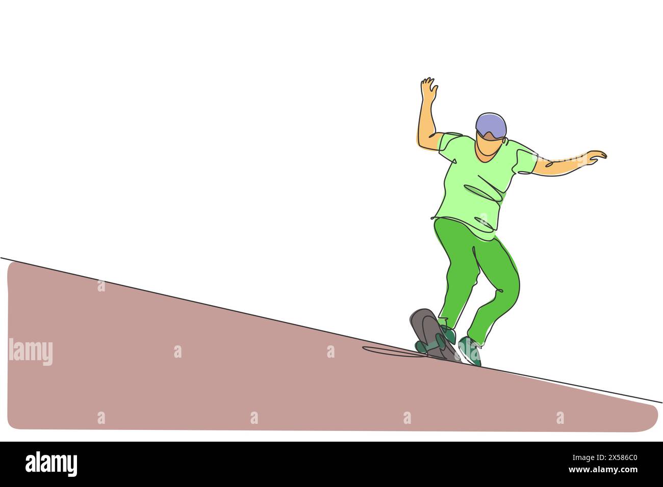 Single continuous line drawing of young cool skateboarder man riding ...