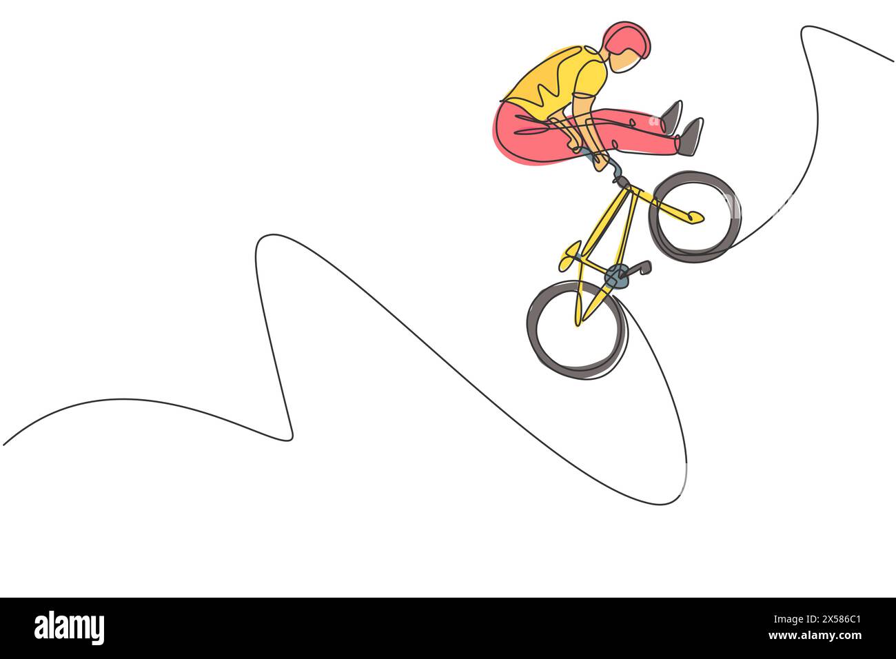One continuous line drawing of young BMX bicycle rider does jumping into the air trick at ...