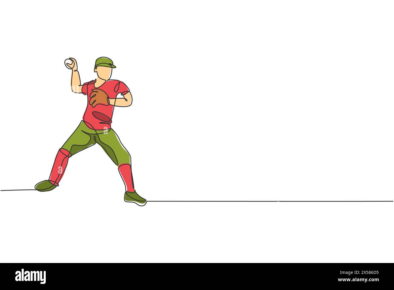 One continuous line drawing of young sporty man baseball player focus ...