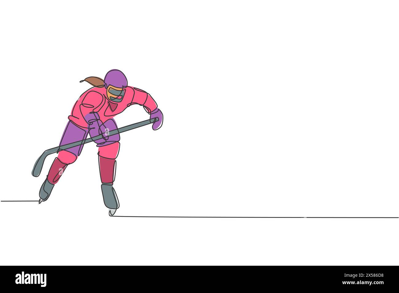Single continuous line drawing of young professional ice hockey player ...