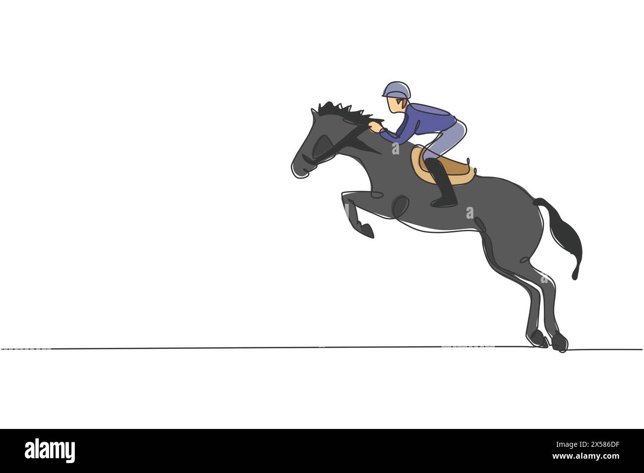 One single line drawing of young horse rider man performing dressage ...