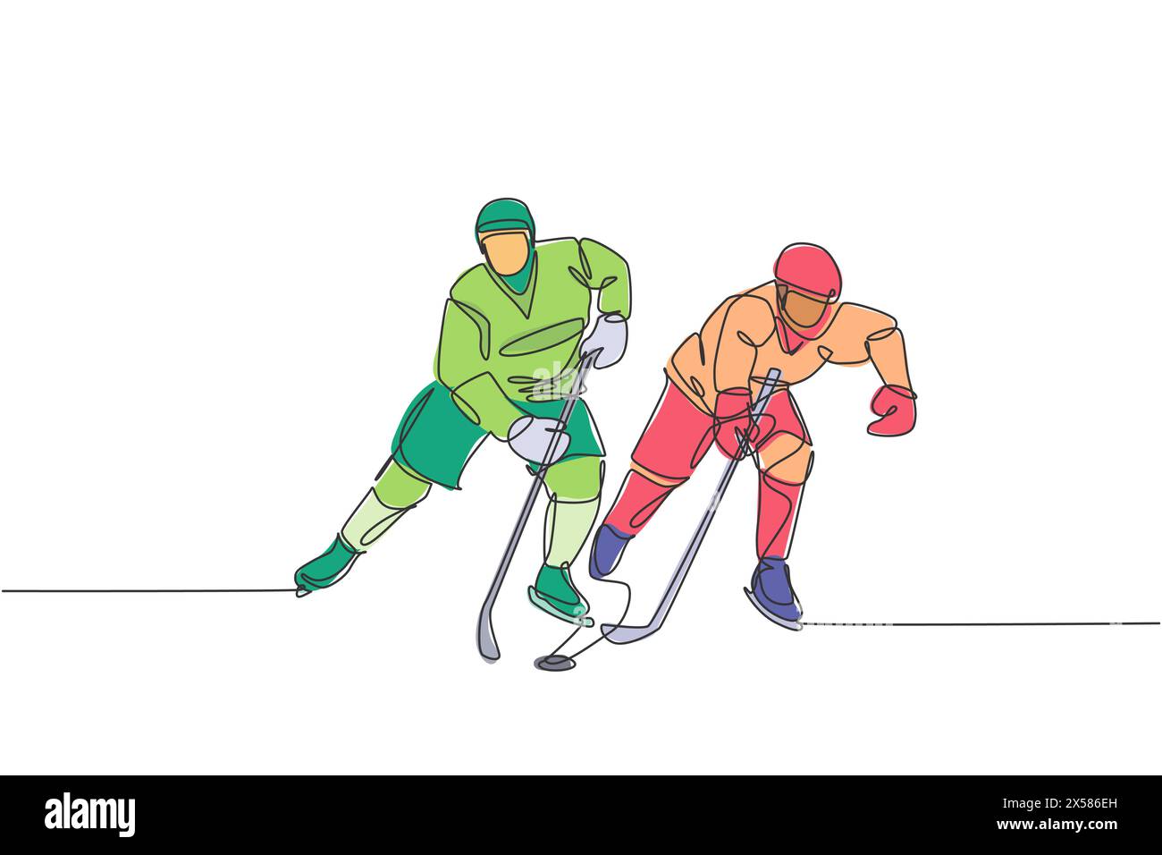 One continuous line drawing two young professional ice hockey player ...