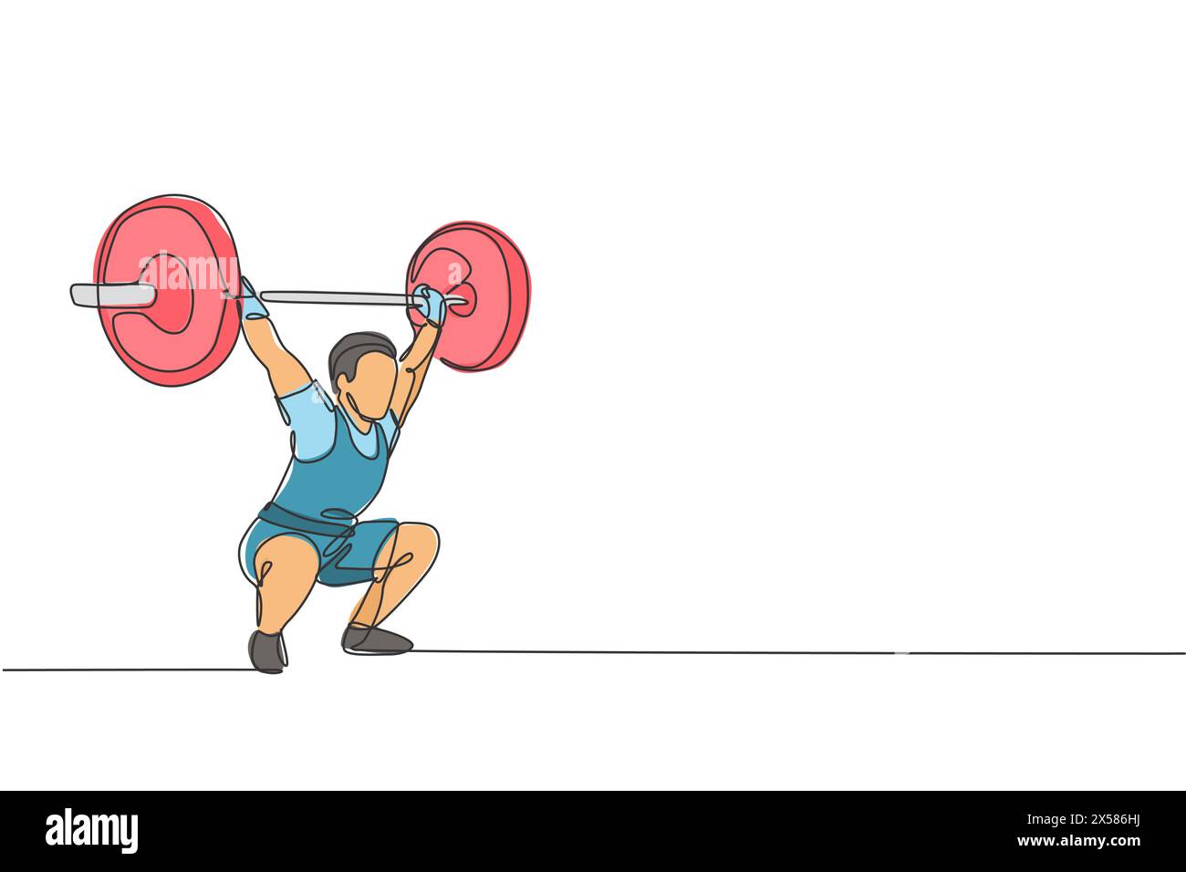 One single line drawing of fit young athlete muscular man lifting barbells working out at a gym ...