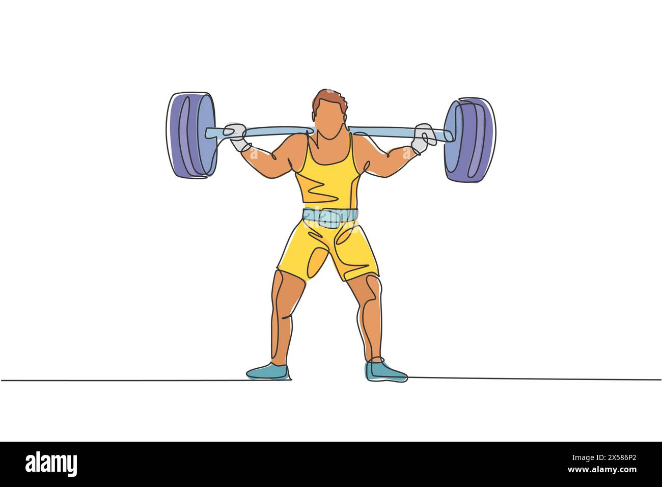 Single continuous line drawing of young strong weightlifter man preparing for barbell workout in ...