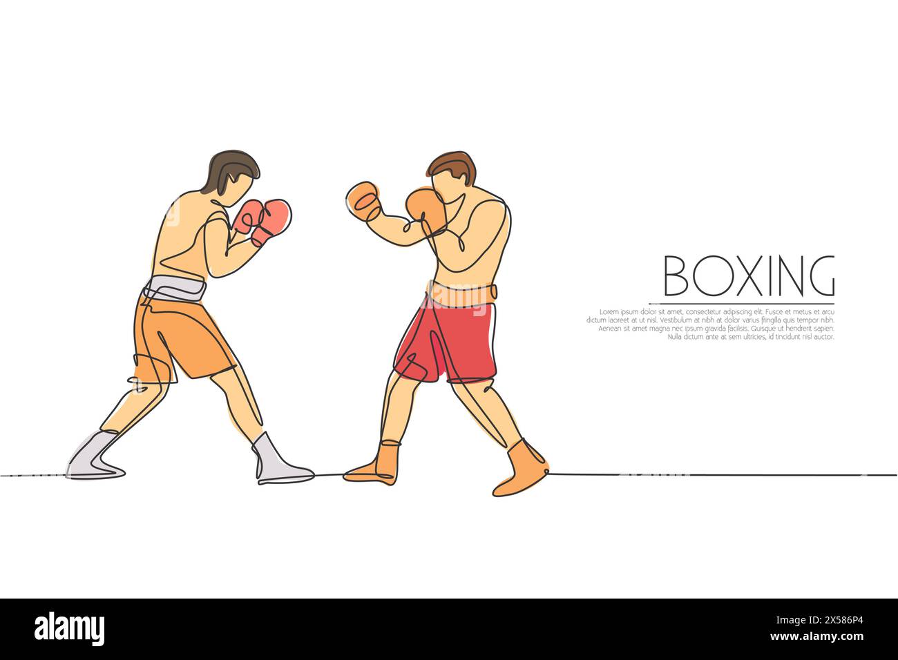 One single line drawing two young energetic men boxer fighting at event ...