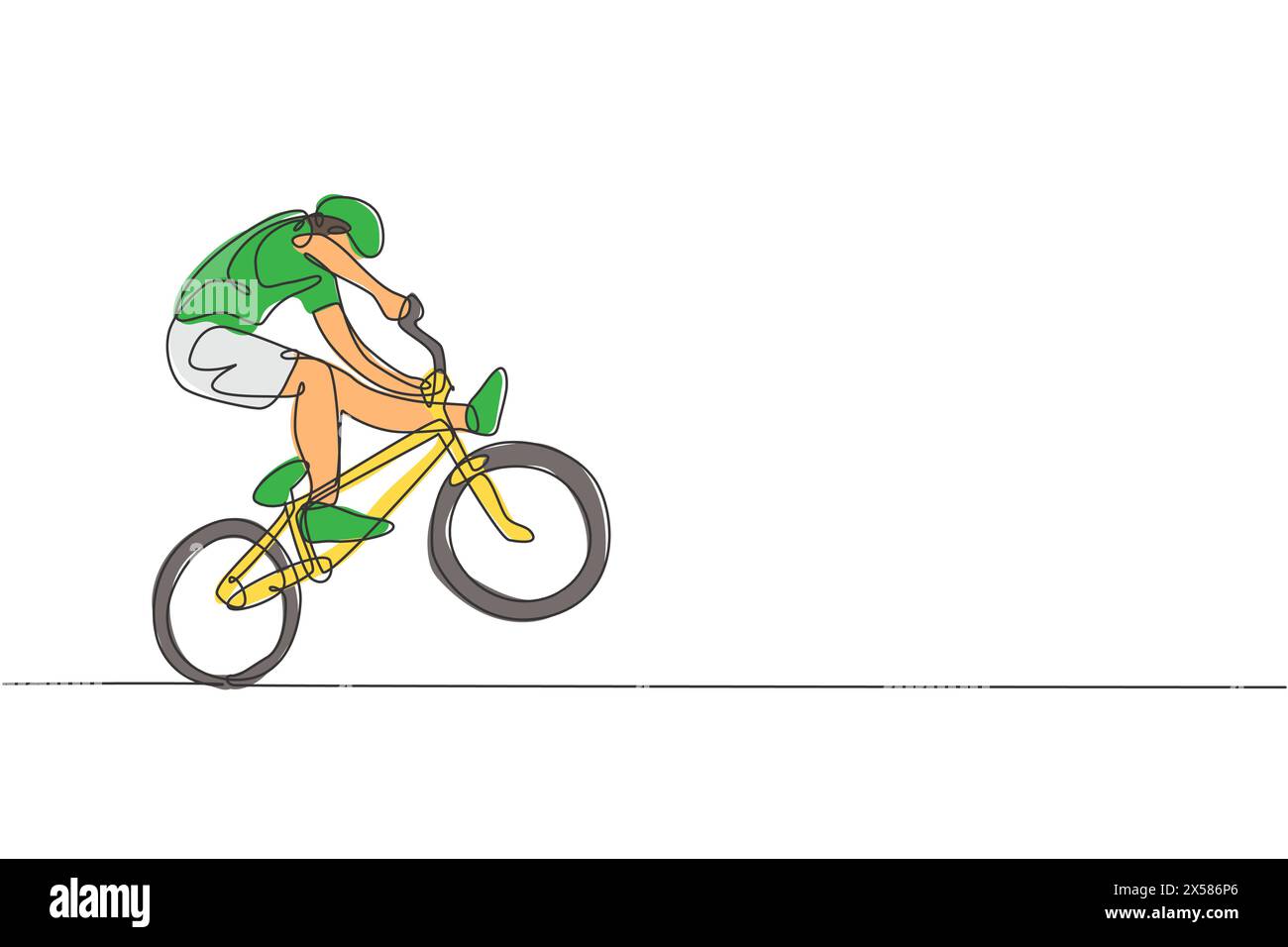 One single line drawing of young bmx bicycle rider performing freestyle ...