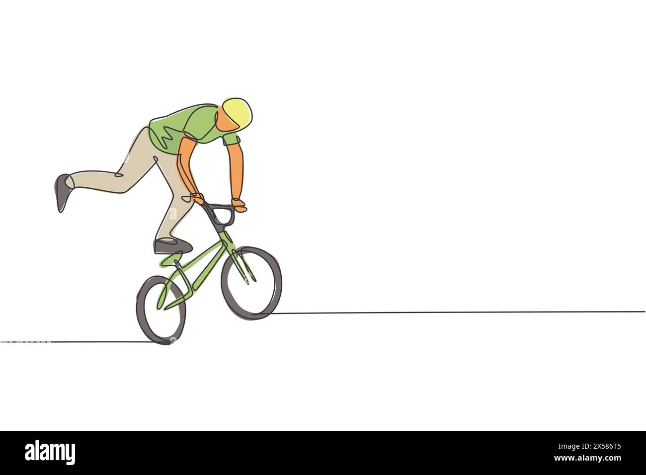 One single line drawing of young bmx bicycle rider performing freestyle ...